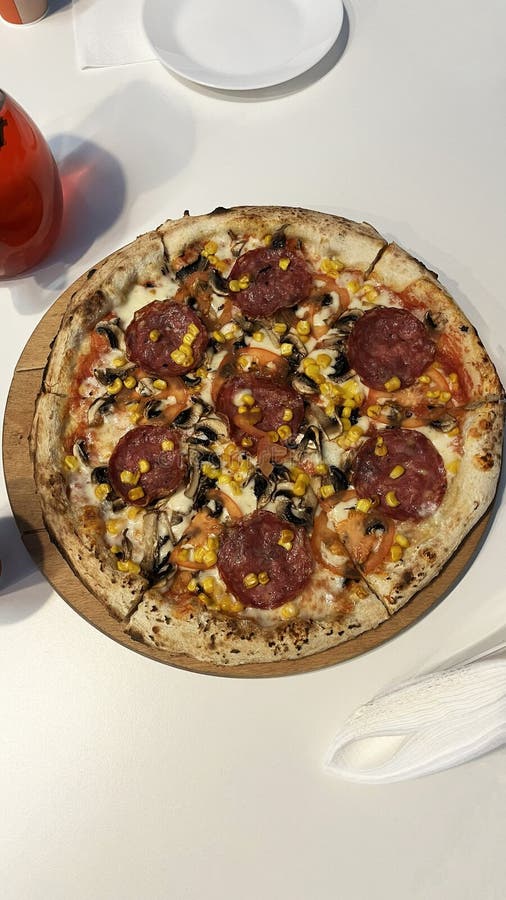 Round Pizza on the Table, Top View Stock Photo - Image of horizontal ...