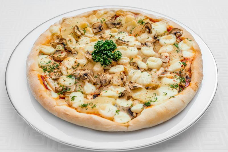 Round Pizza on a White Plate Stock Image - Image of food, dishware ...