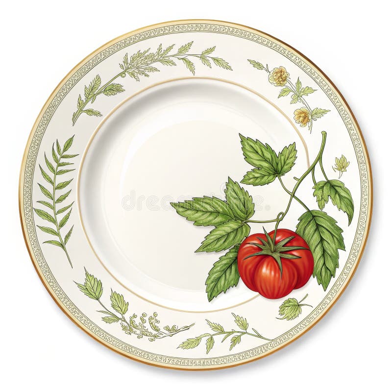 Round Plate Design Tomato and Botanicals, Gold Rim, Illustration ...