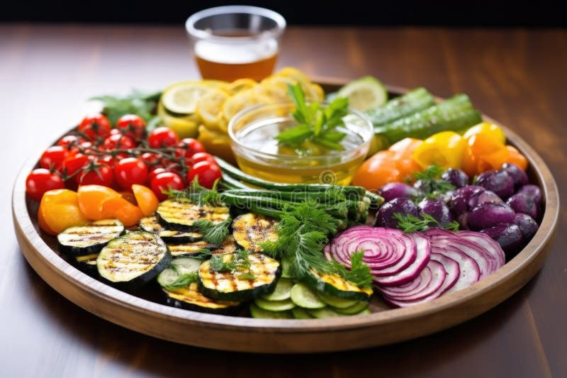 A Round Platter Loaded with Colorful Grilled Veggies Under Natural ...