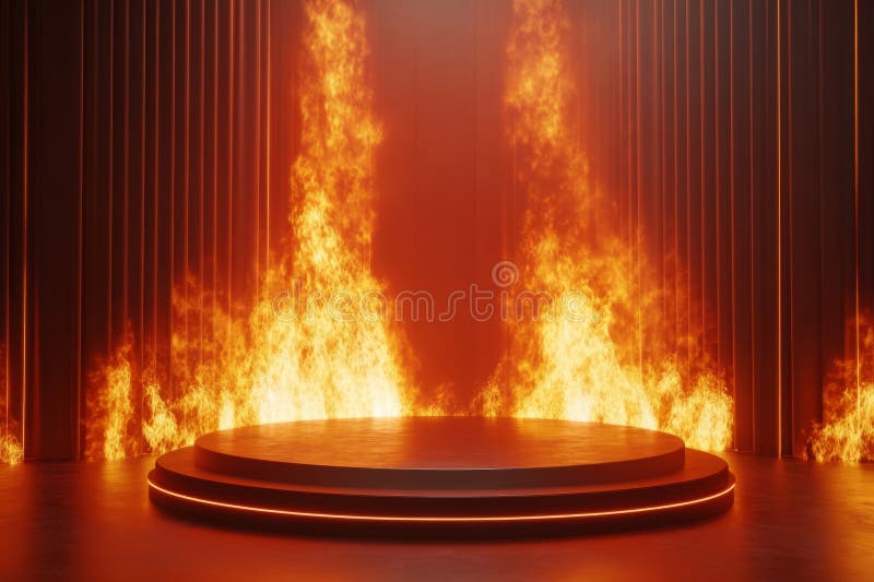 Round Podium Burning with Orange Fire and Red Backdrop Editorial Photo ...