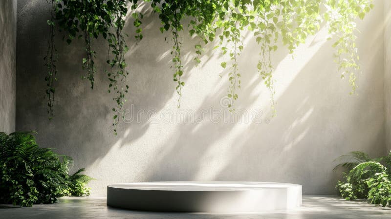 Round Podium Display with Greenery and Sunlight Stock Illustration ...