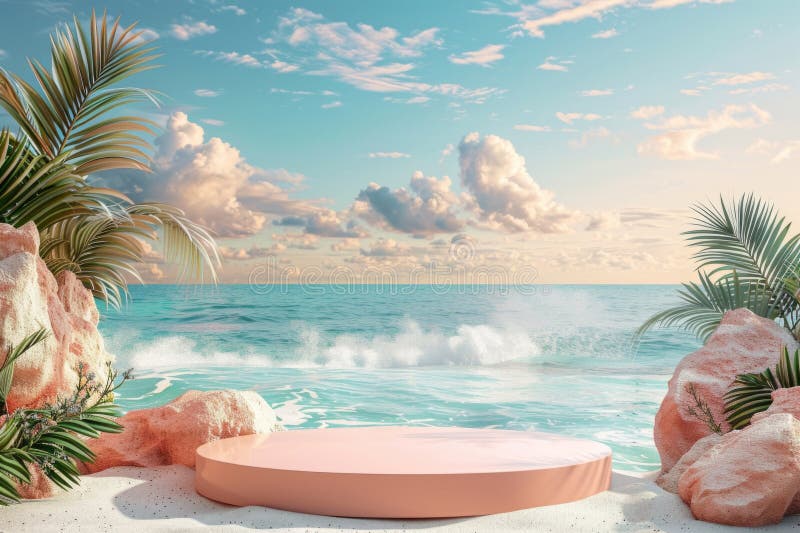 Round Podium Displaying on the Beach with Ocean View at Sunset for ...