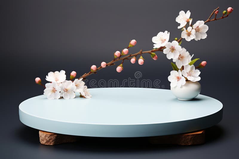 Round Podium Platform with Spring Flowering Tree Branch Presentation on ...