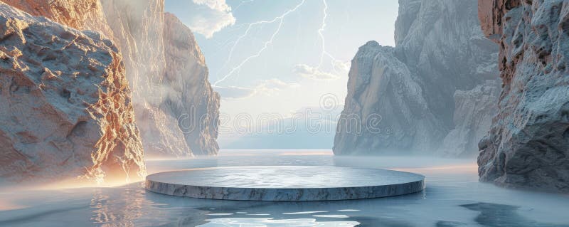 Round Podium between Rugged Rocks and Serene Waters with Lightning in ...