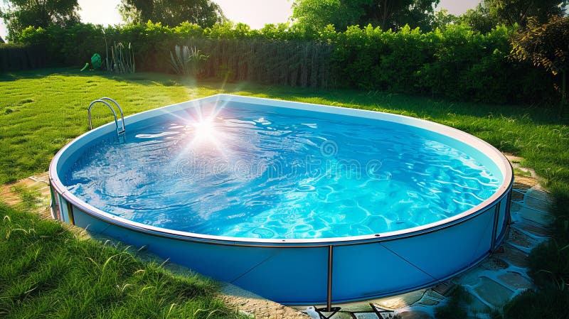 A Round Pool in the Middle of a Grassy Yard Stock Photo - Image of ...
