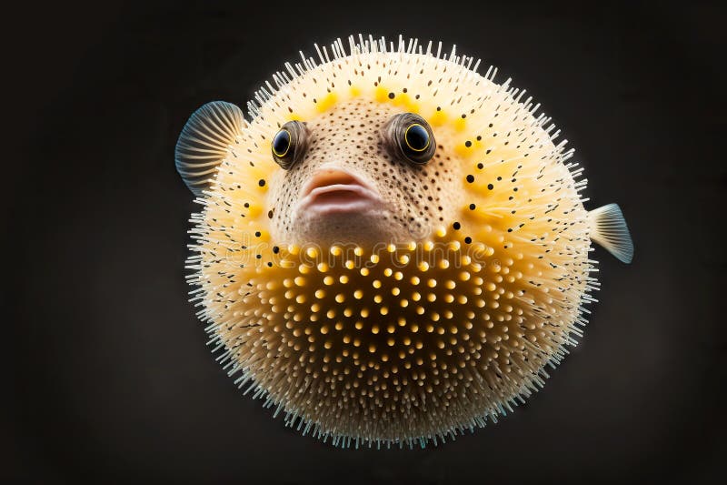 Round Prickly Swollen Puffer Fish on Dark Brown Background Stock ...