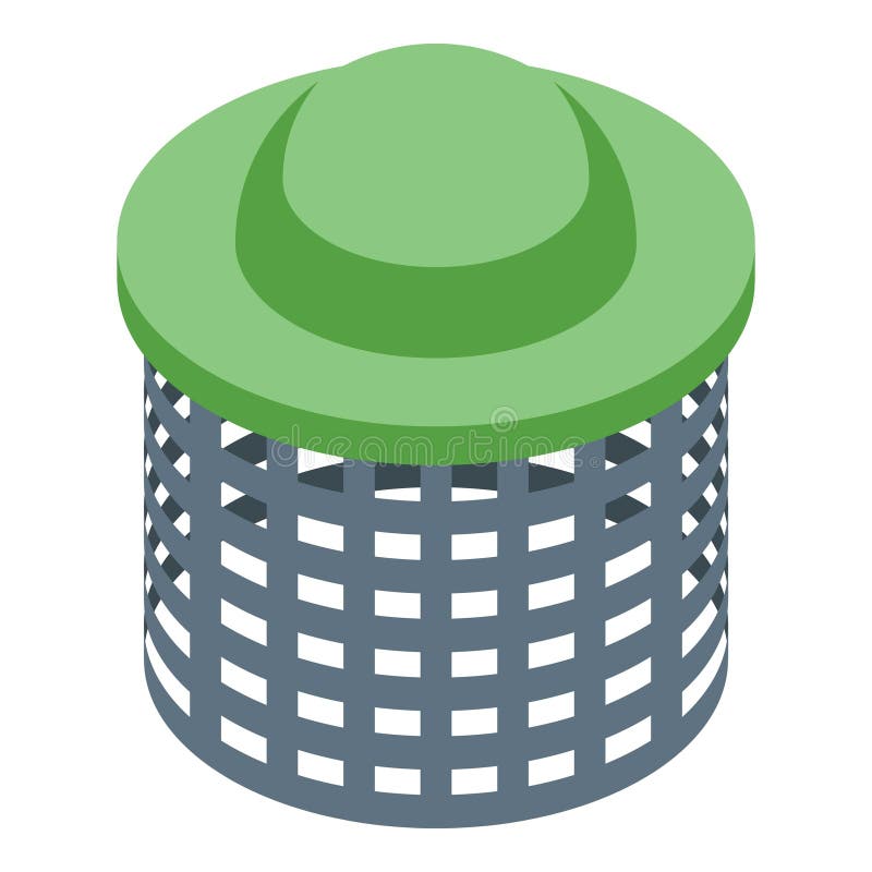 Round Public Trash Can with Green Cap is Standing on White Stock ...