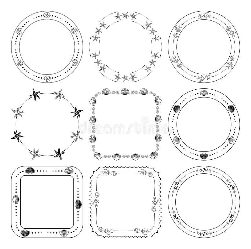 Round and Quadrate Frames with Fish and Seashells and Starfish - Vector ...