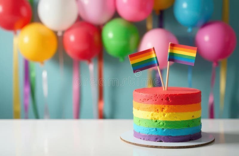 Rainbow Cake with LGBT Flags on the Background of Balloons. Stock ...