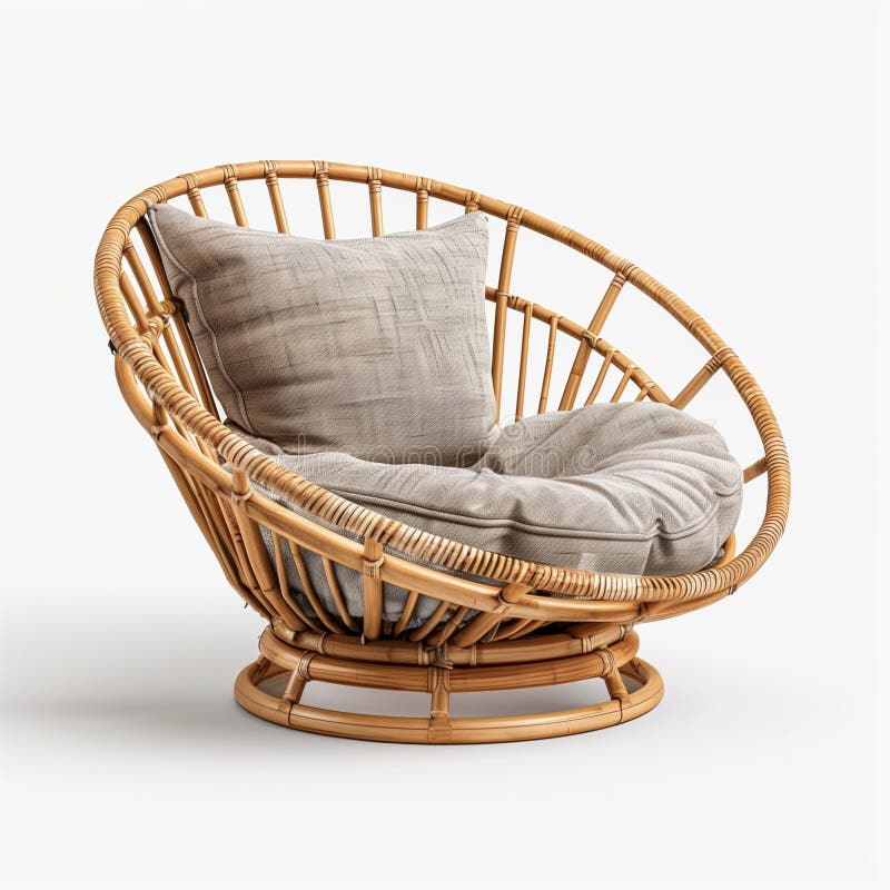 A Round Rattan Chair with a Cushion, Front View, on a White Background ...