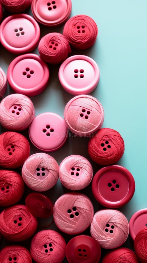 Round Red Buttons, Skeins of Thread on Textured Pink Surface Stock ...