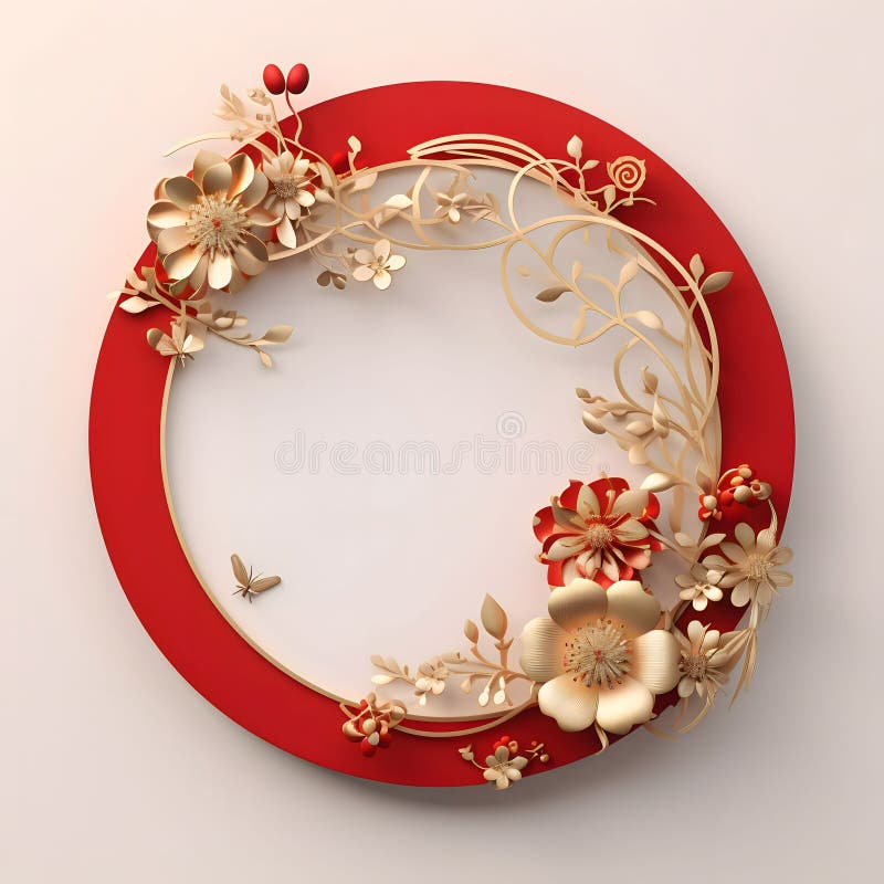 Round Red Frame with Beading and Red Flowers, in the Middle of the ...