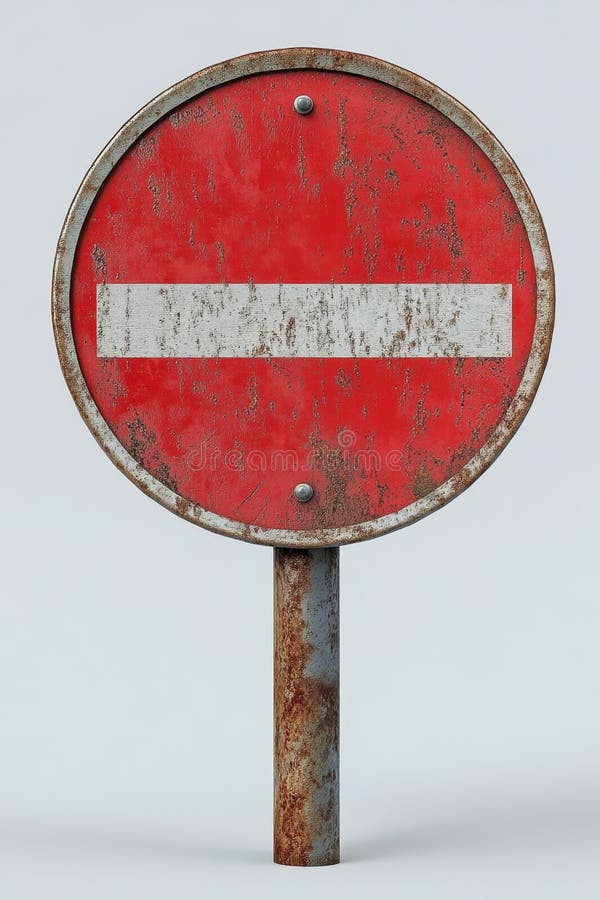Round Red No Entry Sign with Weathered Paint and Rust Standing on a ...