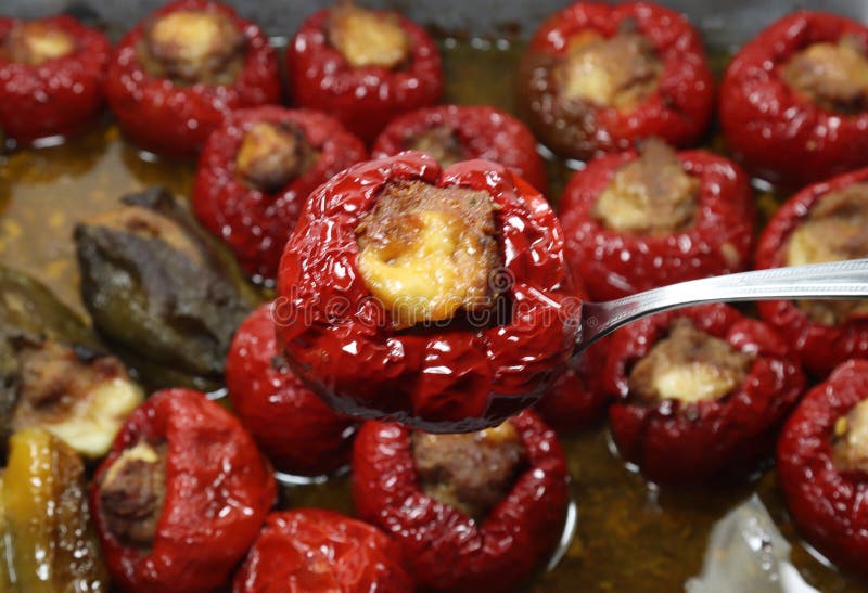 Round Red Peppers, Stuffed and Baked- Stock Image - Image of dinner ...