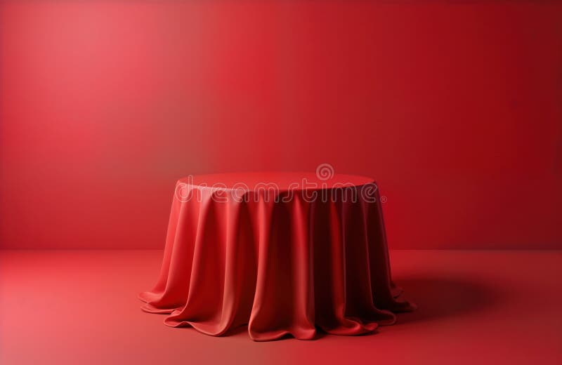 Round Red Table Covered with Red Cloth on Solid Red Background ...