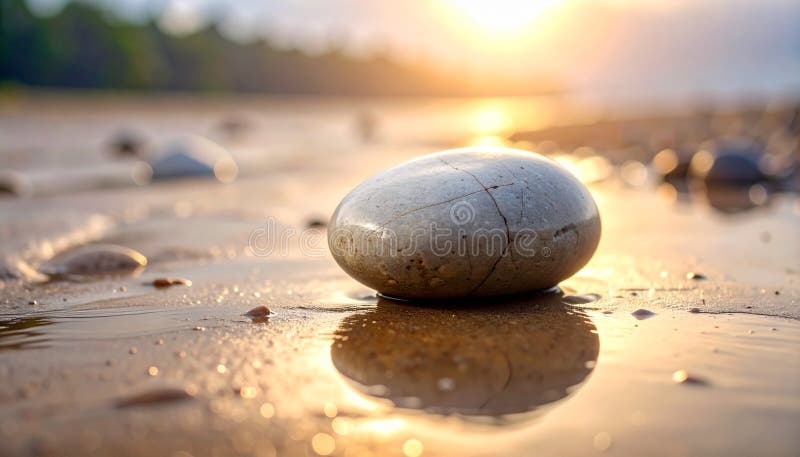 Round River Stone with Small Cracks Lying on Wet Ground in Natural ...