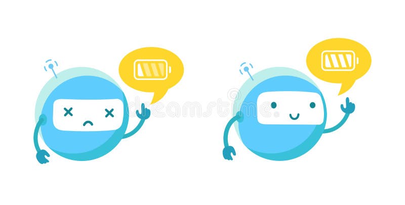 Round Robot with a the Battery Has Run Out. Full and Empty Battery Icon ...