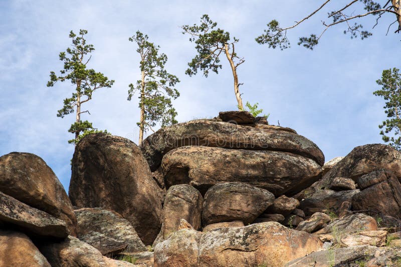 Round Rocks with Trees Growing on Top Against a Blue Sky Stock Image ...