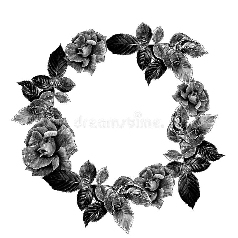 Round Rose Frame with Red Lush Bud and Green Leaves Arranged in Shape ...