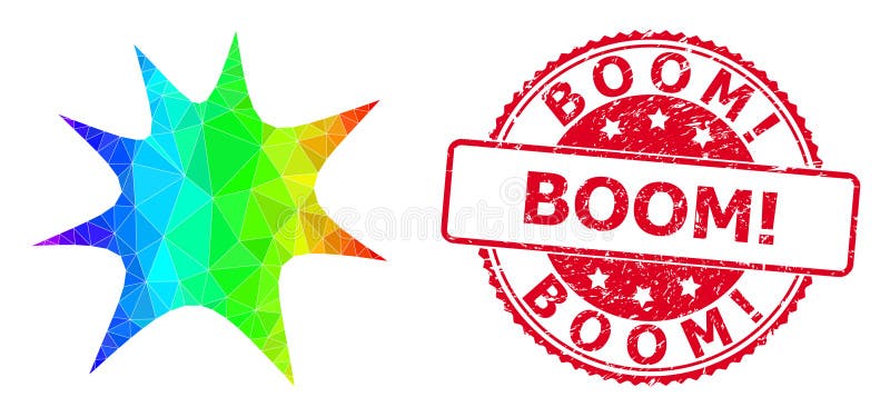 Round Rubber Boom! Seal Imprint with Vector Triangle Filled Boom Splash ...