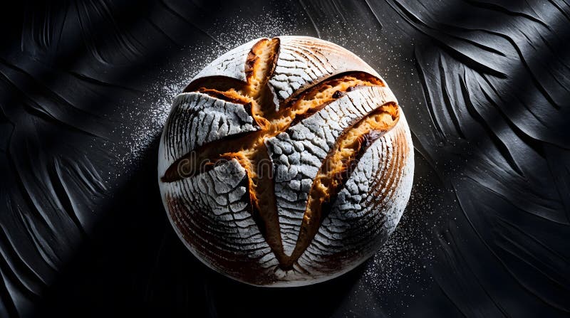 Round Rye Bread with Powdered Surface on Dark Background Stock ...