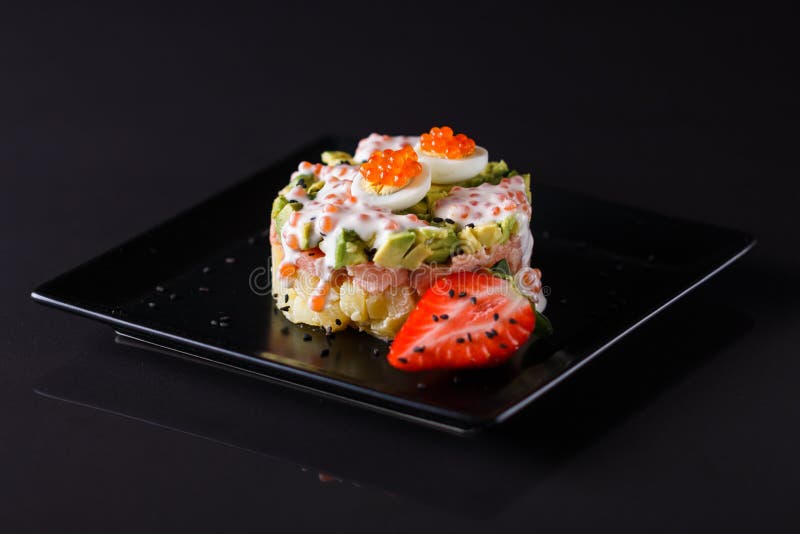 Round Salad Made of Red Fish Potato and Avocado Stock Photo - Image of ...