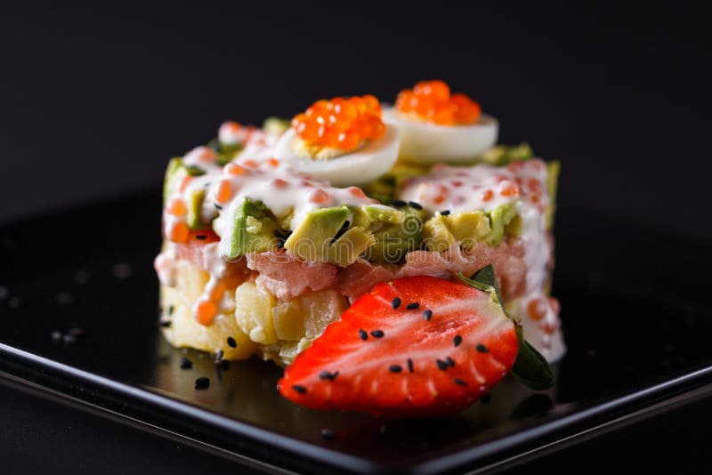 Round Salad Made of Red Fish Potato and Avocado Stock Image - Image of ...