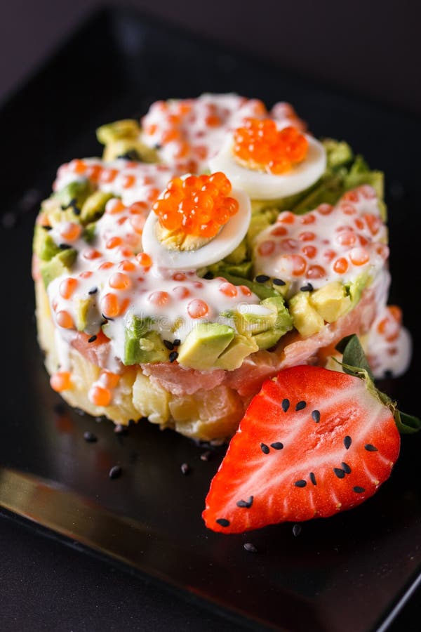 Round Salad Made of Red Fish Potato and Avocado Stock Photo - Image of ...