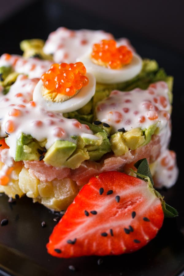 Round Salad Made of Red Fish Potato and Avocado Stock Image - Image of ...