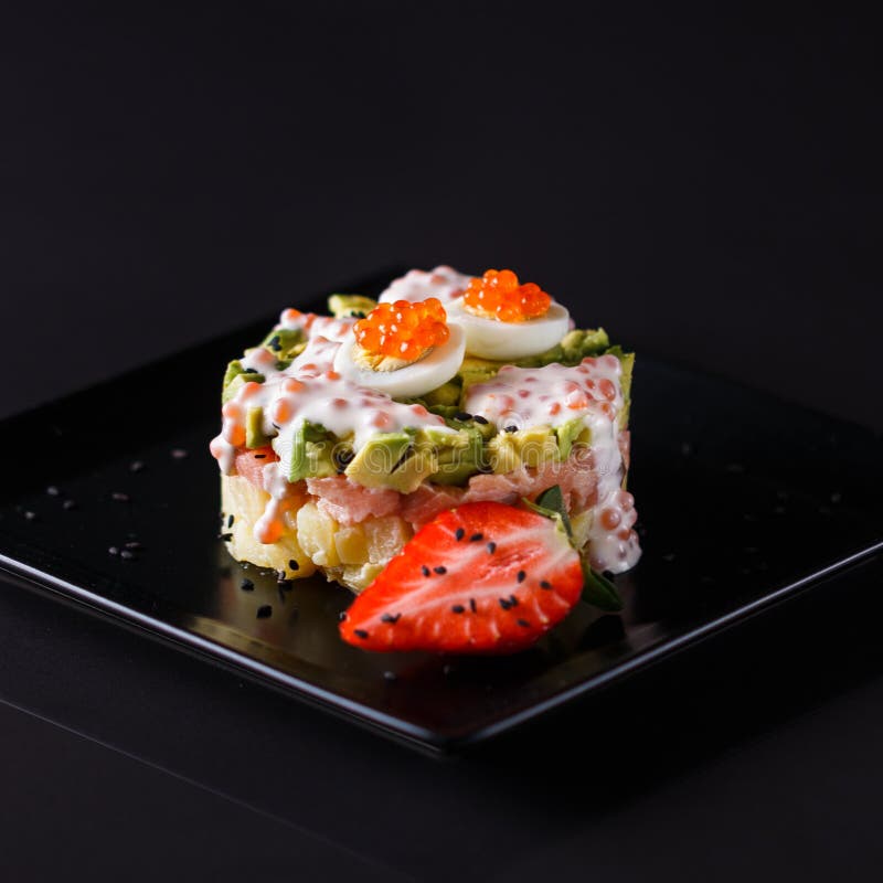 Round Salad Made of Red Fish Potato and Avocado Stock Photo - Image of ...