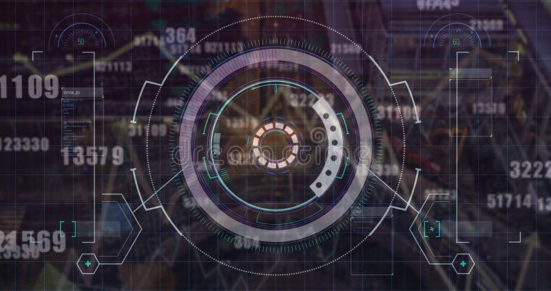Round Scanner and Multiple Changing Numbers Falling Against Cityscape ... Round Scanner and Multiple Changing Numbers Falling Against Cityscape ...