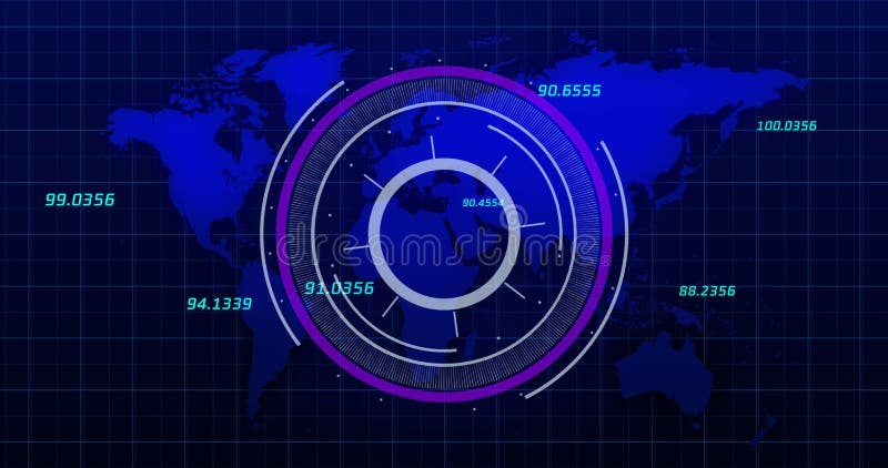 Round Scanner and Multiple Numbers Floating Over World Map Against Blue ... Round Scanner and Multiple Numbers Floating Over World Map Against Blue ...
