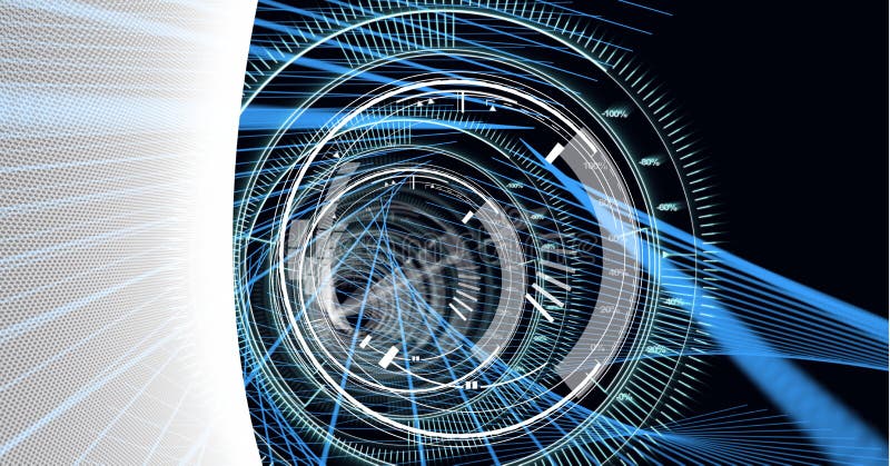 Round Scanner Over Blue Digital Trails Against White Technology ...