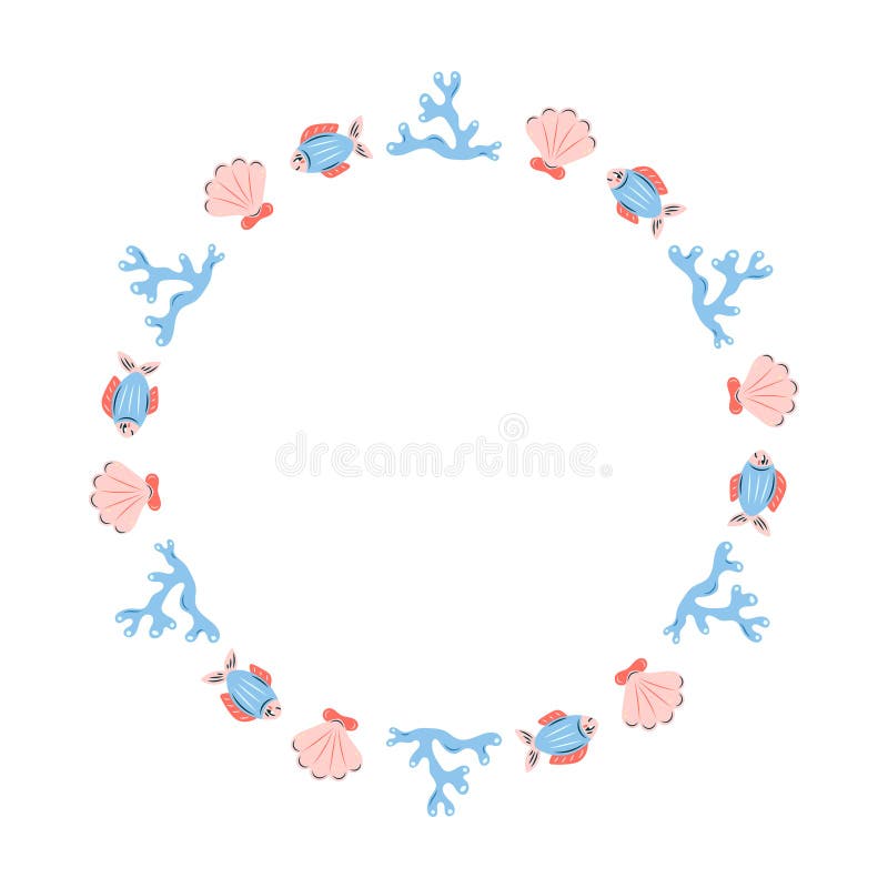 Round Sea Frame with Fish Shells and Corals. Blue Coral and Fish and ...