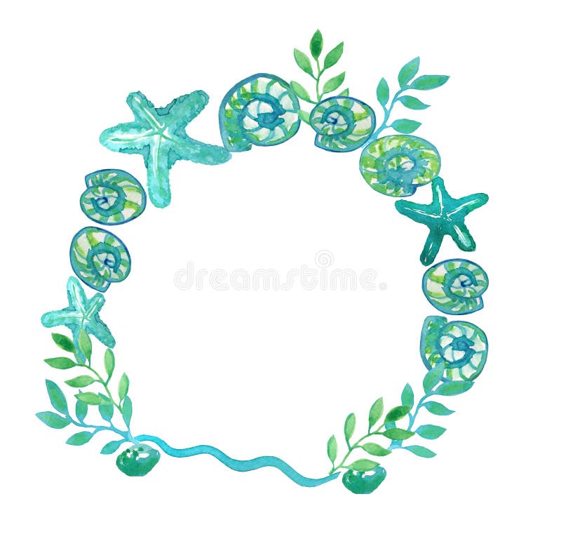 Round Sea Frame Made of Starfishes, Shells and Algae Stock Illustration ...