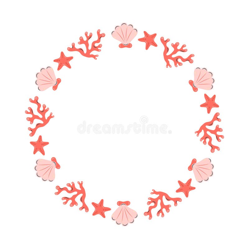 Round Sea Frame with Shells and Corals. Red Corals and White Background ...