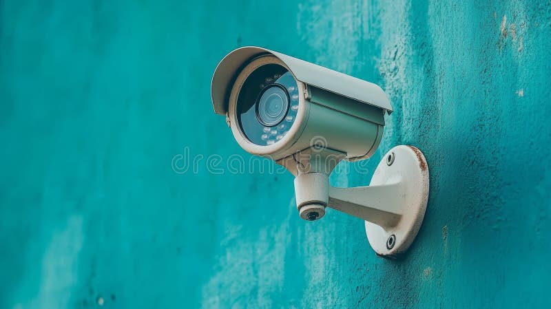 Round Security Camera Mounted on Turquoise Wall, Representing ...