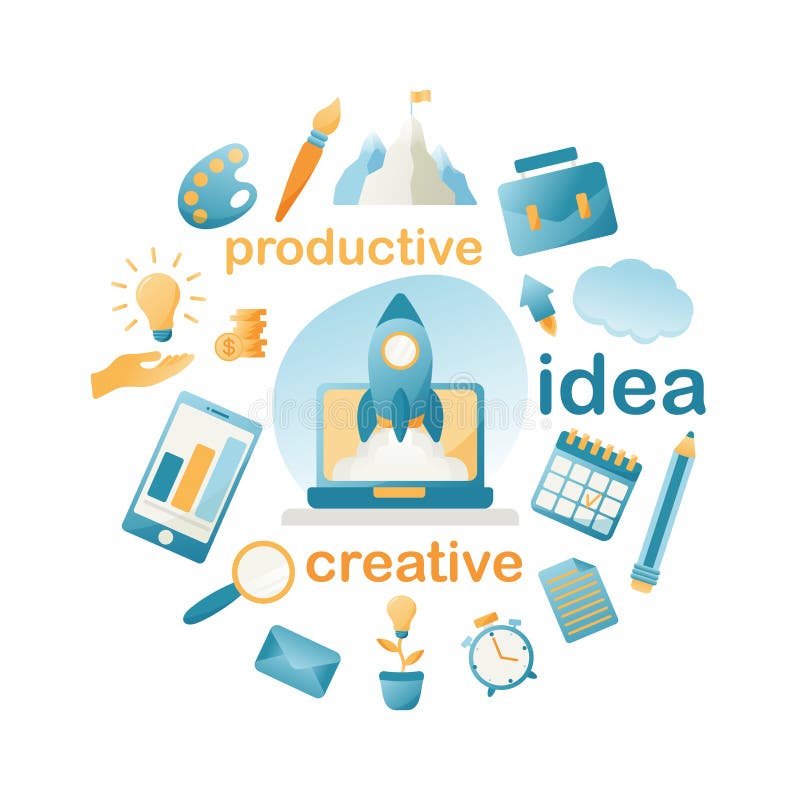 Round Set of Illustrations about Business Process. Creative Productive ...