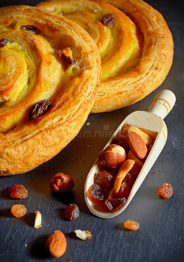 Round Shape Croissant Filled with Vanilla Cream and Raisins Stock Photo ...