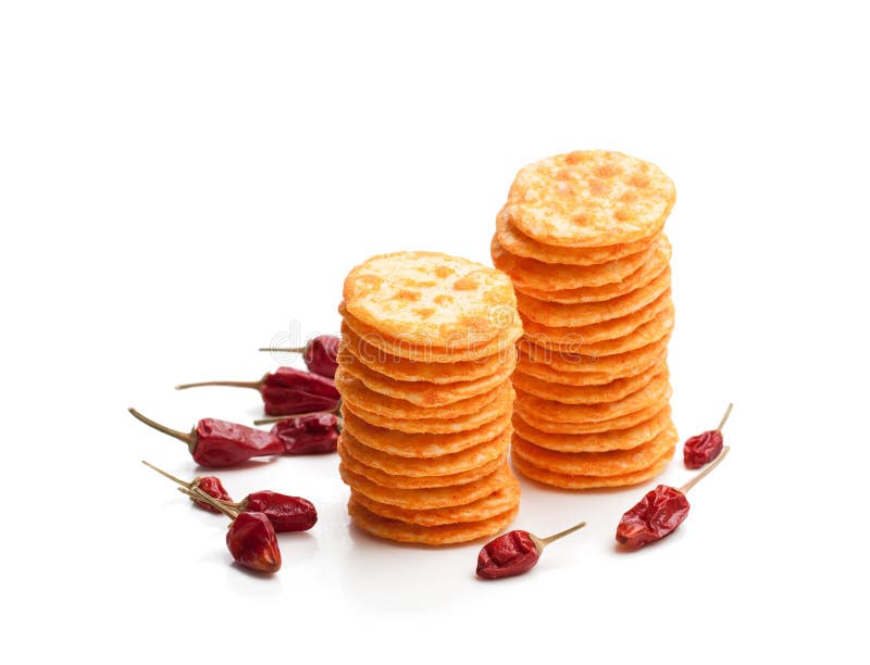 Round Shape Rice Cracker with Chili Pepper Isolated on White Stock ...