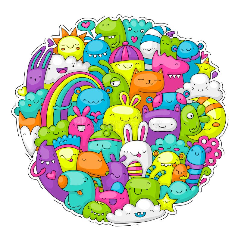 Round Shaped Doodle of Happy Animals, Monsters and Various Creatures ...