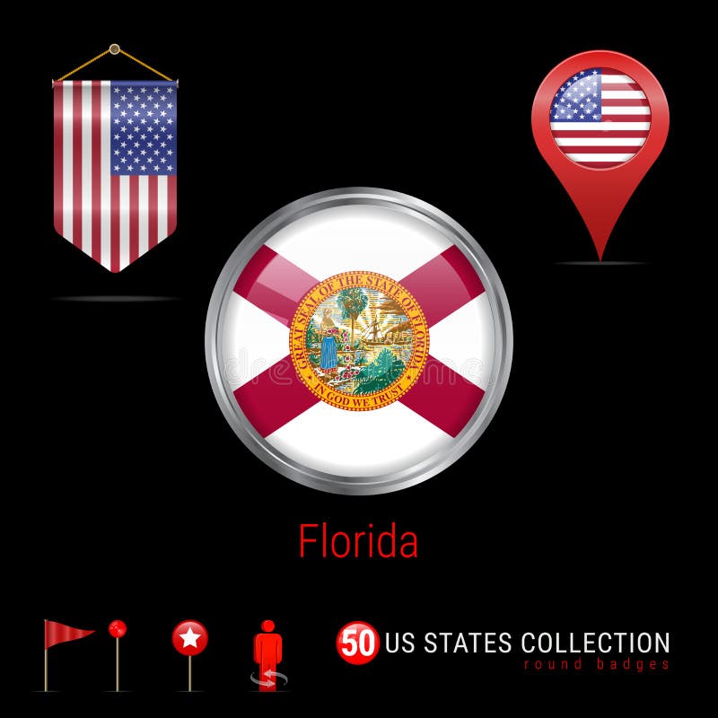 Round Chrome Vector Badge with Florida US State Flag. Pennant Flag of ...