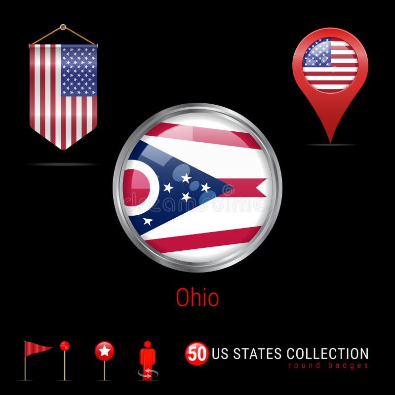 Round Chrome Vector Badge with Ohio US State Flag. Pennant Flag of USA ...