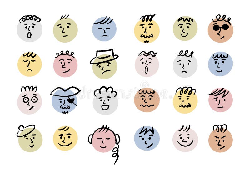 Round Simple Faces with Various Emotions. Cartoon Style. Hand Drawn ...