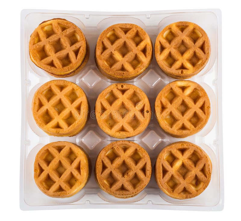 Round Small Waffles in Plastic Transparent Container on Table Stock ...