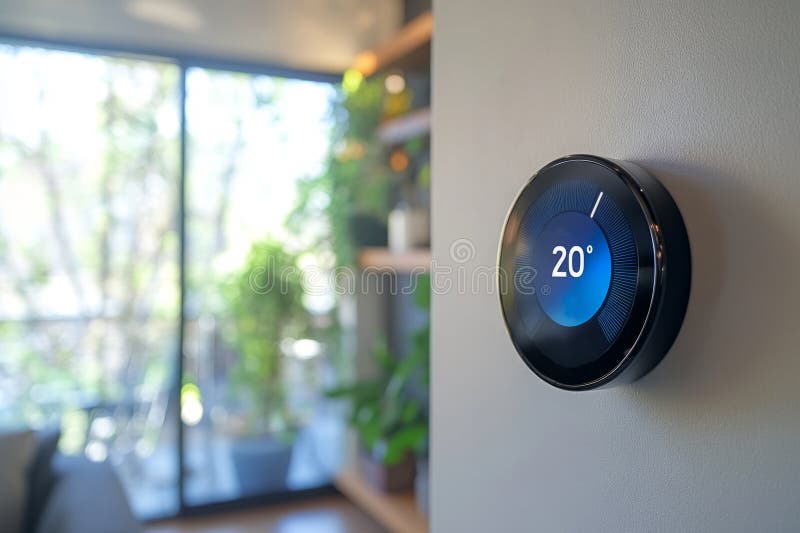 Round Smart Thermostat Showing 20 Degrees Celsius on a White Wall in a ...