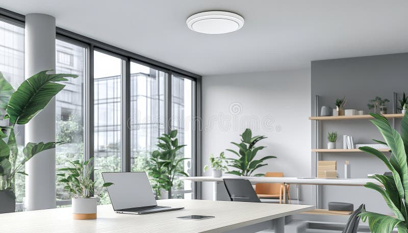 Round Smoke Alarm on a White Ceiling, Modern Office with Large Windows ...