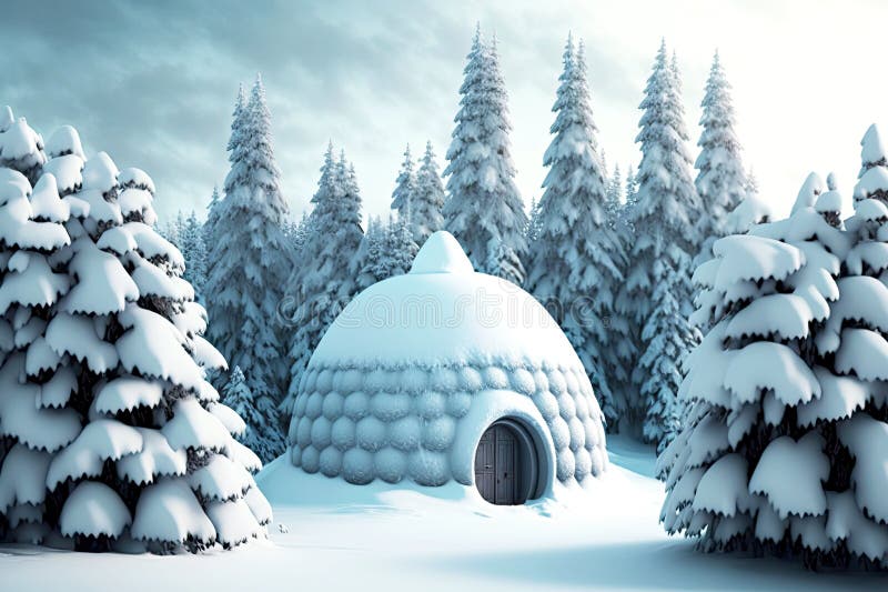 Round Snow Igloo Against Background of Snow-covered Christmas Trees in ...