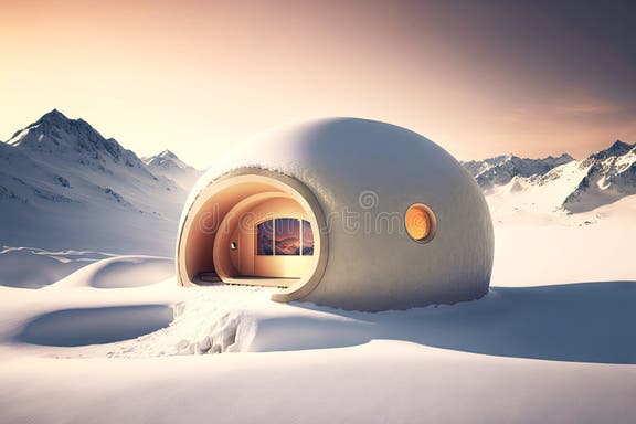 Round Snow Igloo Illuminated from Inside with Round Windows Stock ...